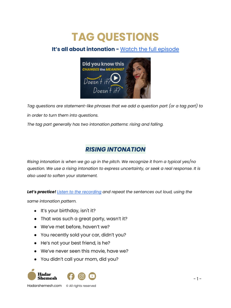 Freebie Tag Questions Practice Sheet | PDF | Question | Syntax