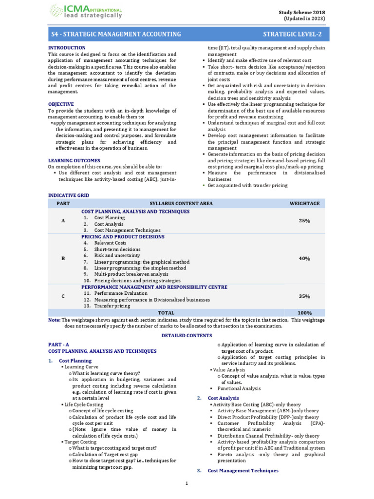 S4 SMA Syllabus | PDF | Cost Accounting | Pricing