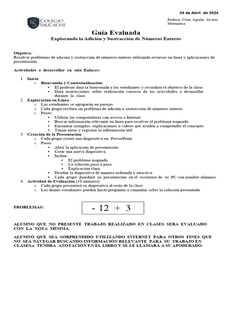 Guía Evaluada PPT Adicion Numeros Enteros | PDF | Sustracción | Ciencias de la Computación