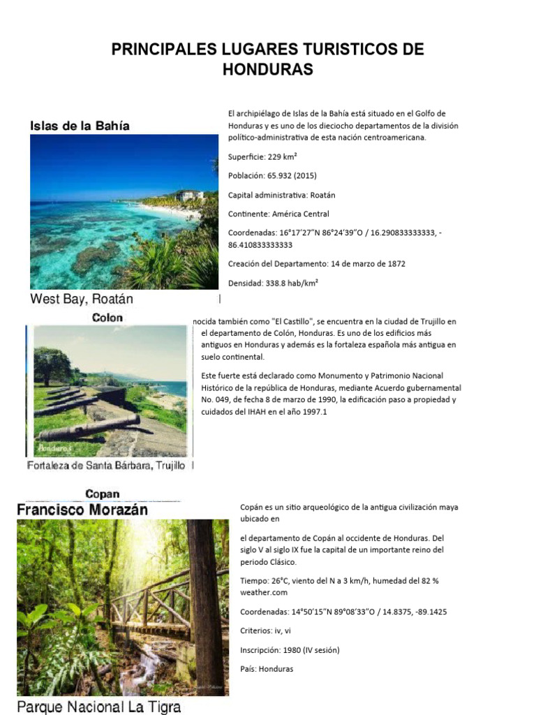 Principales Lugares Turisticos de Honduras | Descargar gratis PDF | Honduras | Mesoamérica