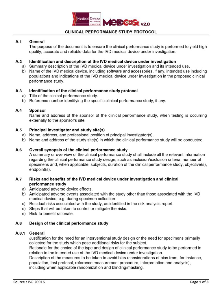 Clinical Performance Study Protocol (CPSP) | PDF | Medical Device ...