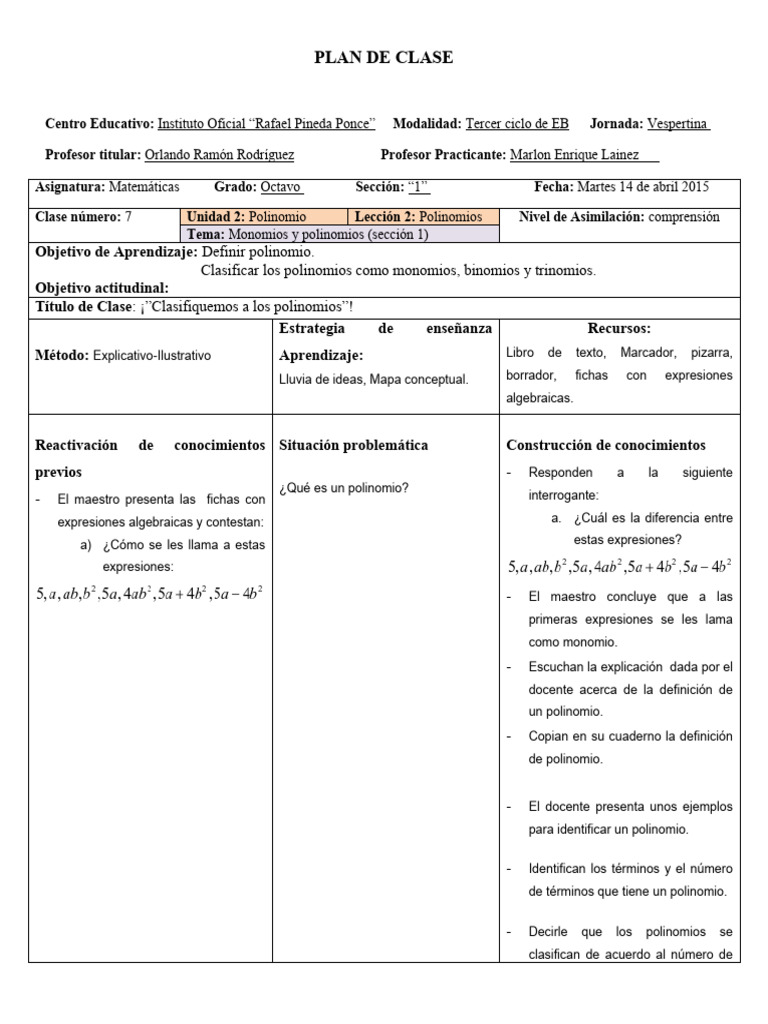 Esquemas de Plan de Clase | PDF | Polinomio | Álgebra abstracta