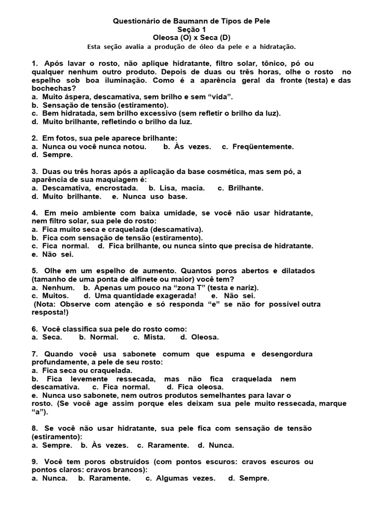 Questionário de Baumann de Tipos de Pele | PDF | Dermatite | Alergia