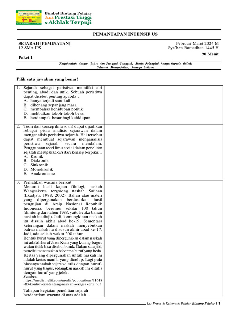 Pemantapan Intensif Us-Pat Sejarah Peminatan 12 Sma Ips - Paket 1 (Layout) Ta 23-24 | PDF