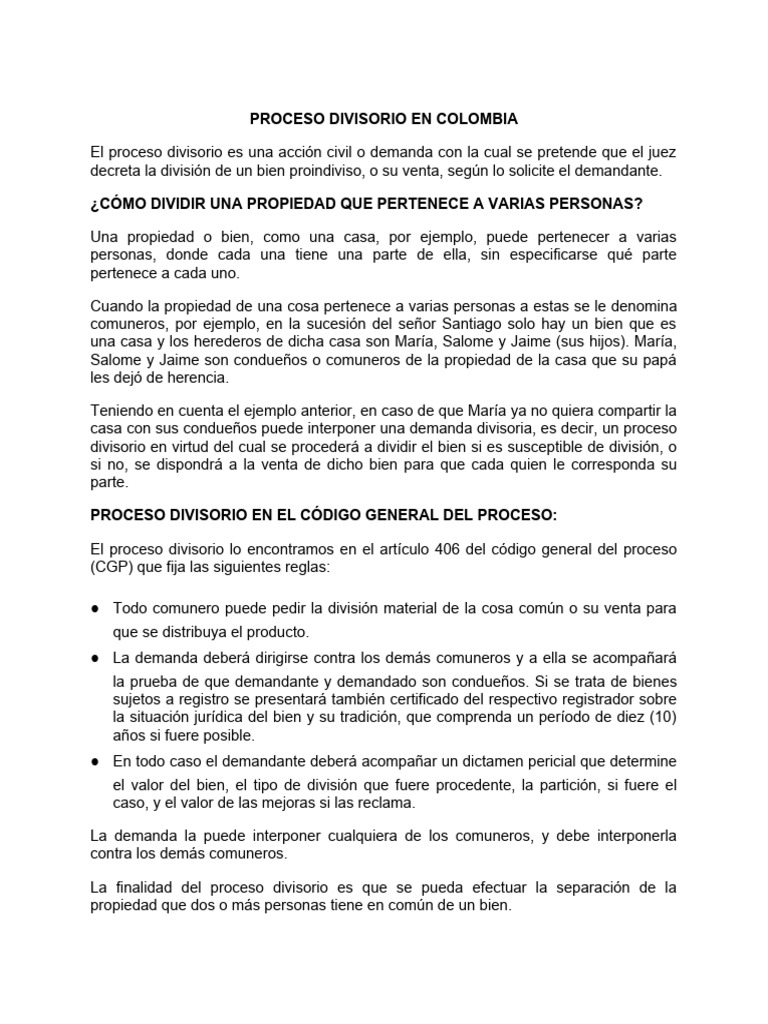 Proceso Divisorio en Colombia | PDF | Demanda judicial | Subasta