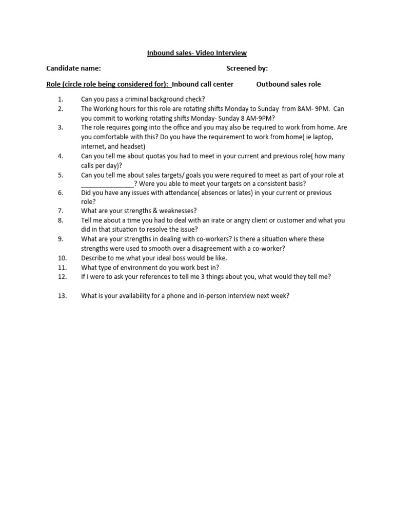 Inbound Sales - Video Interview | PDF