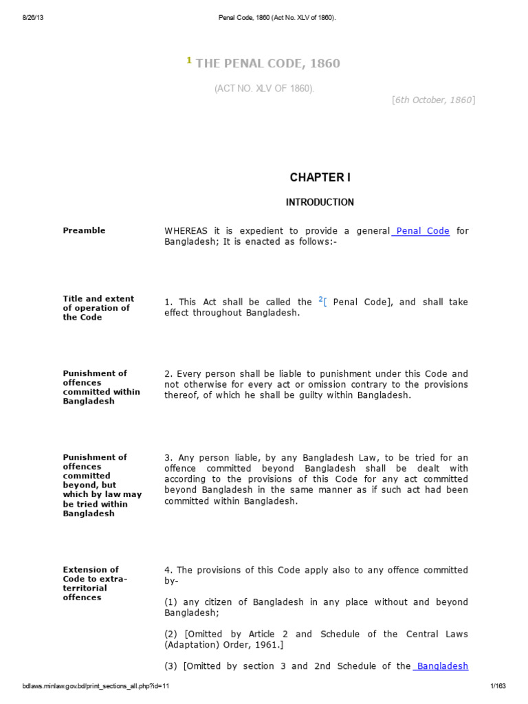 Bangladesh Penal Code 1860 Overview | PDF
