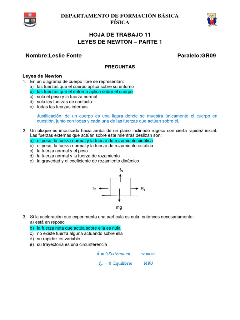 Hoja de trabajo 11 - Leyes de Newton (1) | PDF | Fuerza | Las leyes del movimiento de Newton