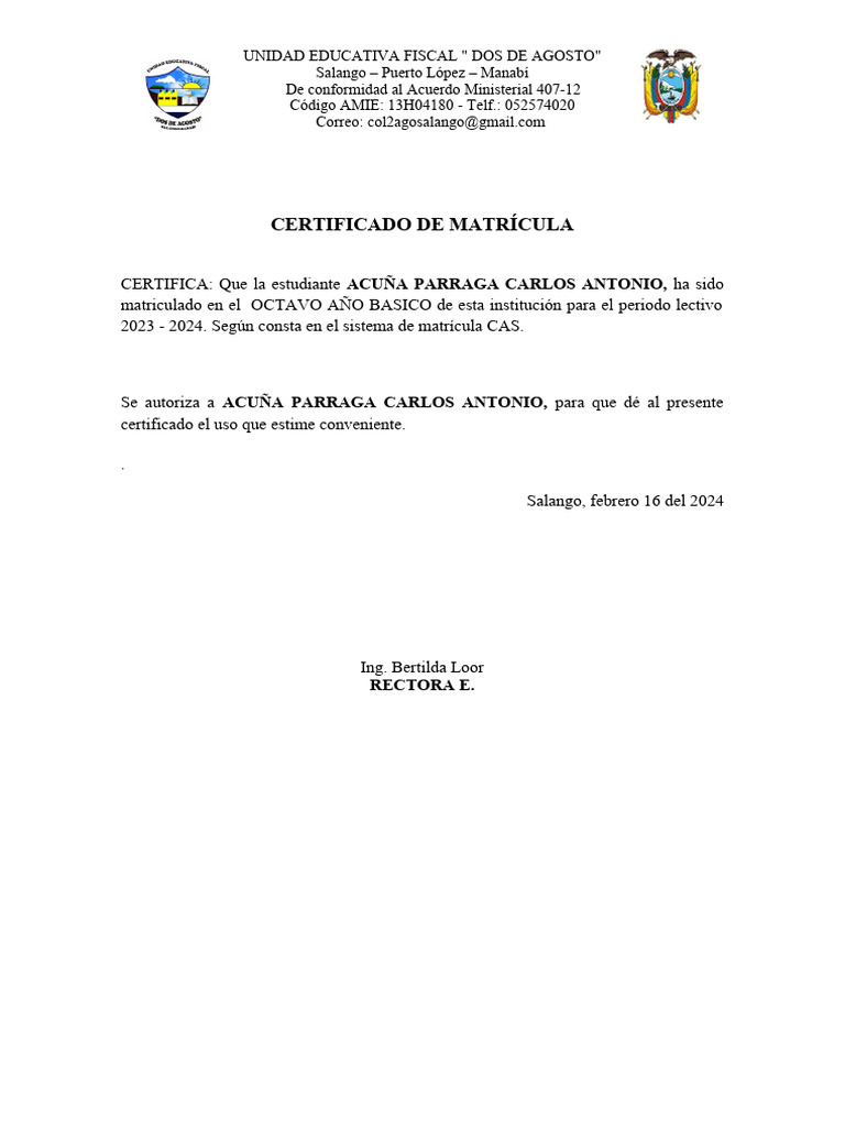 CERTIFICADO DE MATRÍCULA y Comportamiento Octavo | PDF