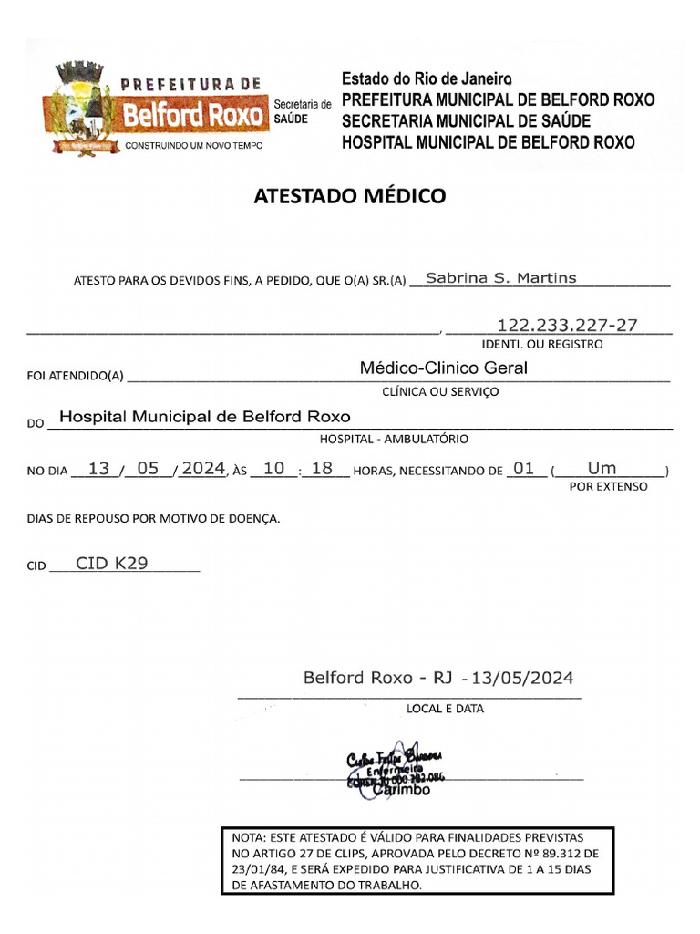 Atestado Hospital Municipal Belford Roxo | PDF