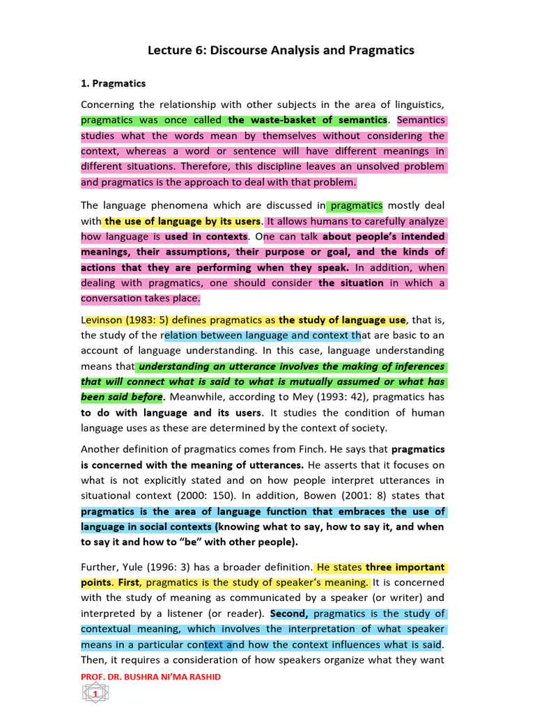 Lecture 6 Discourse Analysis and Pragmatics | PDF | Semantics | Interpretation (Philosophy)