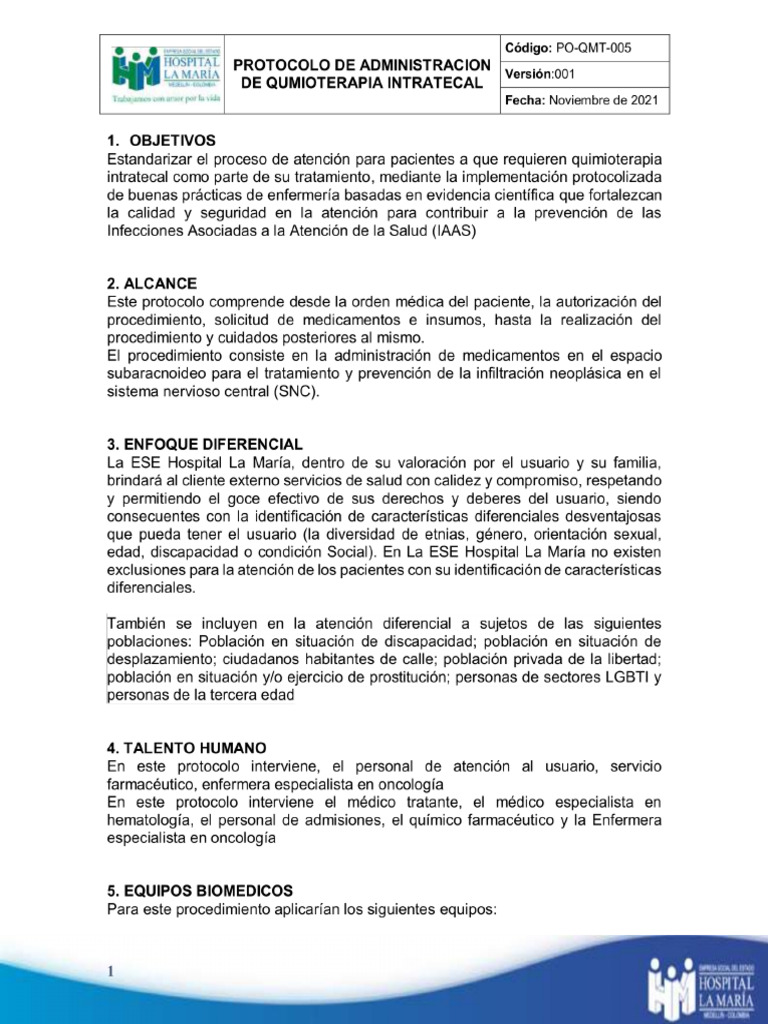5 PO-QMT-005 Protocolo Quimioterapia Intratecal REVISION | PDF
