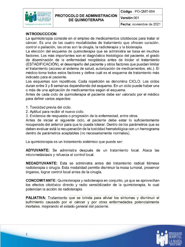 4 Po-Qmt-004 Protocolo de Administracion de Quimioterapia | PDF