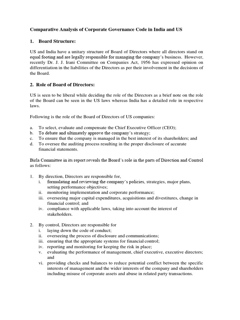 Comparative Analysis of Corporate Governance Code in India and US | PDF ...