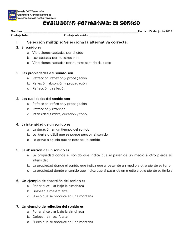 Evaluacion Formativa El Sonido | PDF | Sonido | Acústica
