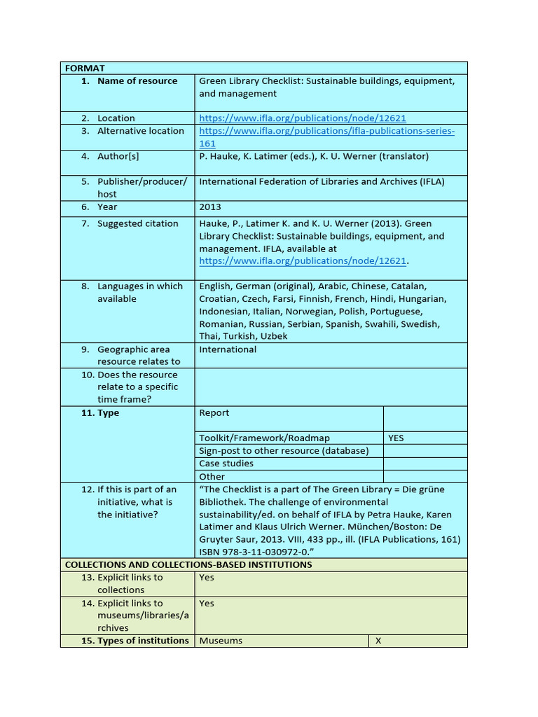 Green Library Checklist Sustainable Buildings, Equipment, and ...