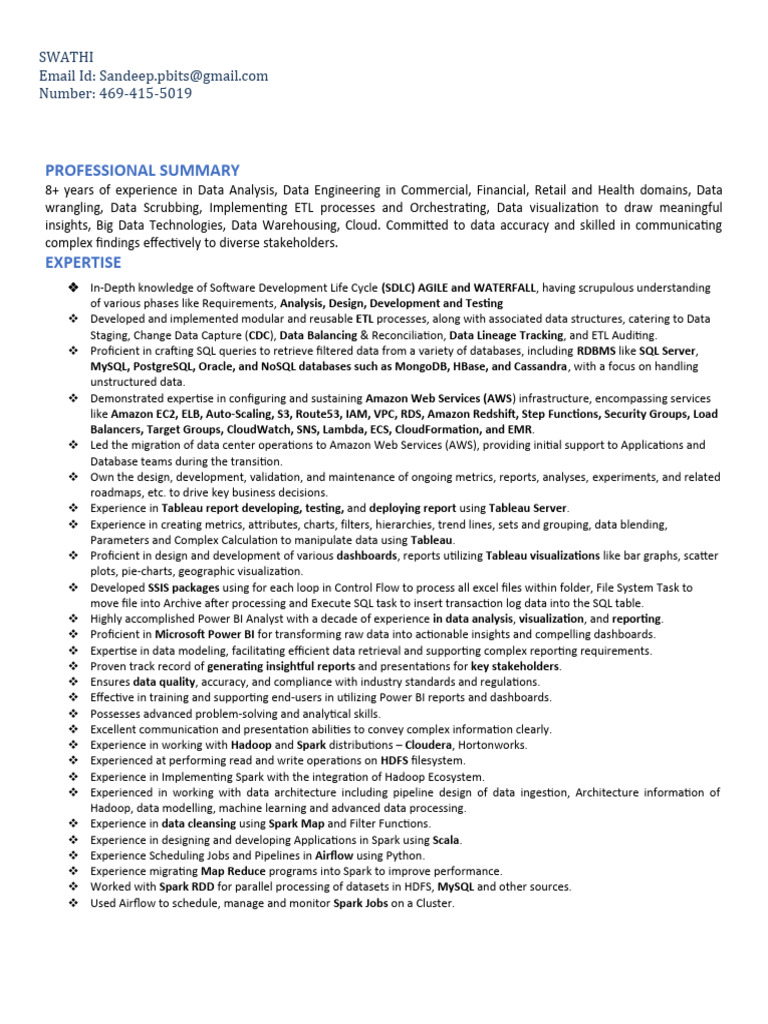 Swathi_DE Data Engineer | PDF | Apache Spark | Apache Hadoop