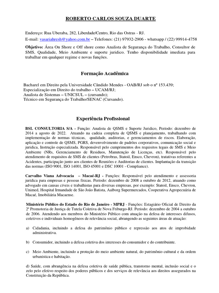 Currículo Roberto Duarte - Auditor | PDF | ISO 9000 | Conformidade regulatória
