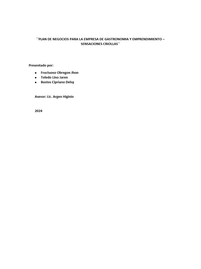 Plan De Negocios Para La Empresa De Gastronomia Y Emprendimiento Pdf