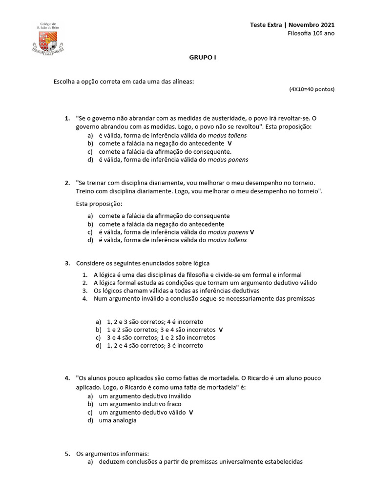 Teste de Lógica para Filosofia 10º Ano | PDF | Argumento | Raciocínio ...