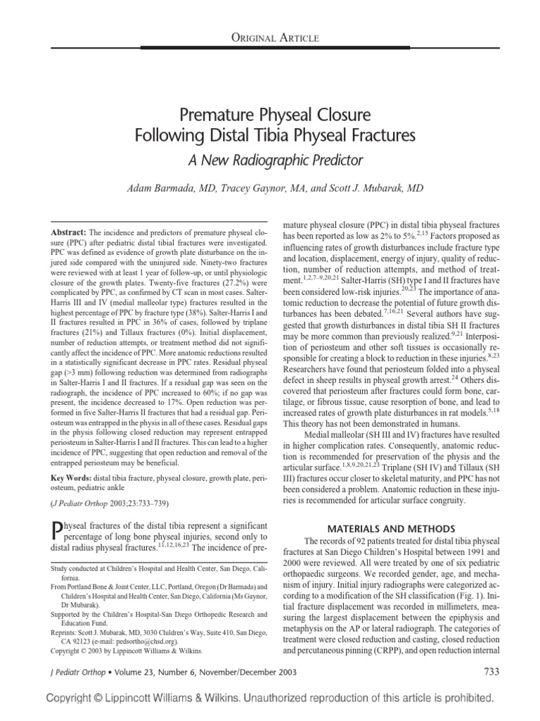 Premature physeal closure following distal tibia physeal fractures ...