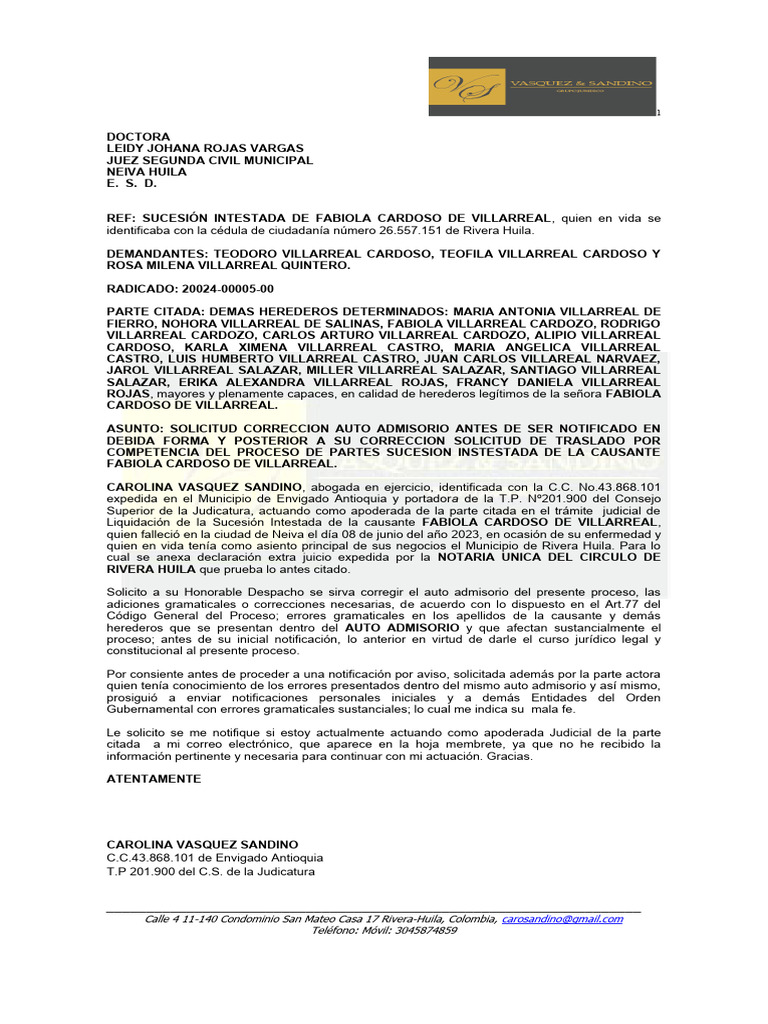 Poder Sucesion Juez Ref.002 Memorial Solicitando Traslado Por Competencia | PDF | Justicia ...