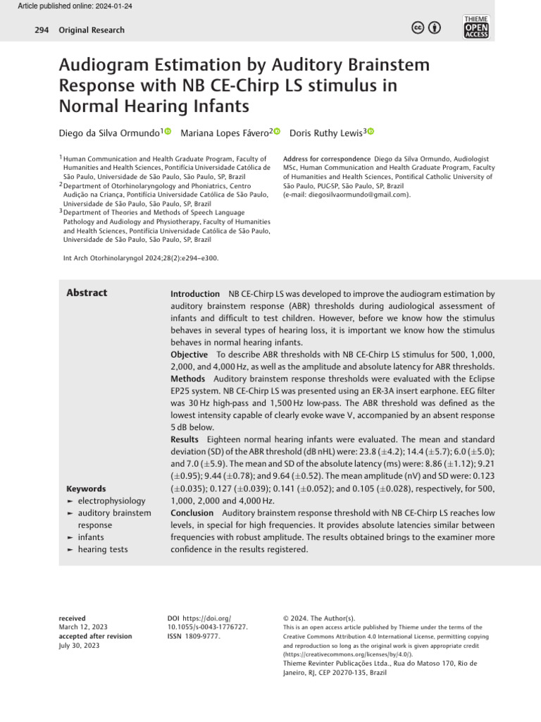 ABR Thresholds in Normal Hearing Infants | PDF | Hearing | Auditory System