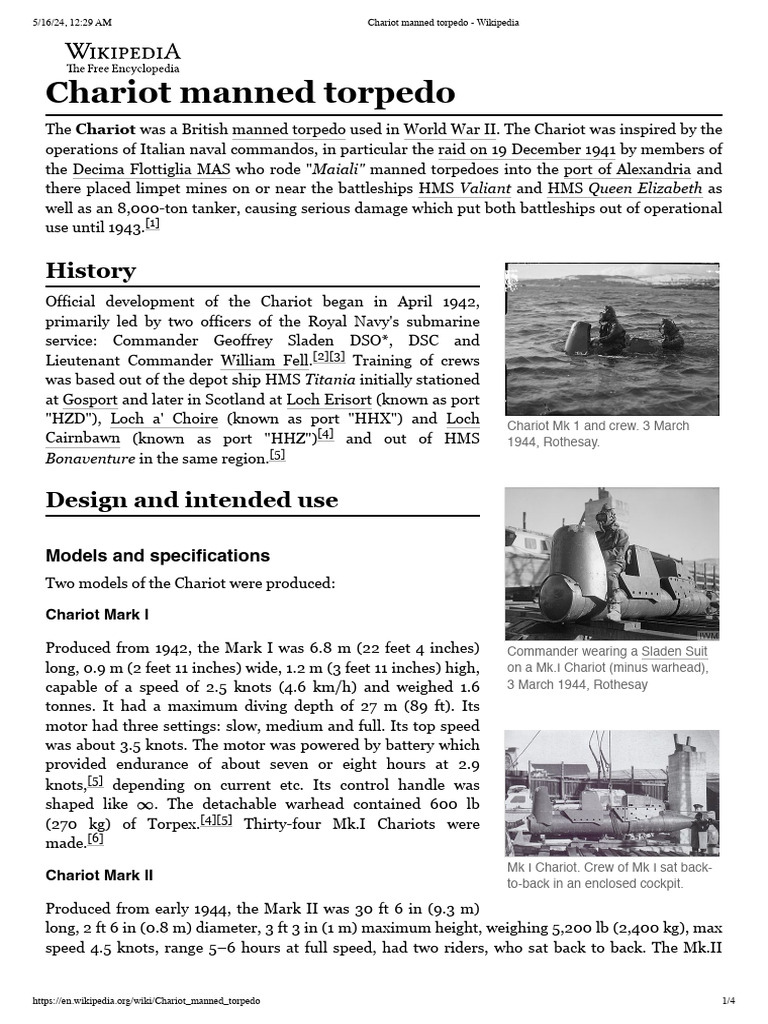WWII Chariot Manned Torpedo Overview | PDF | Warships | Naval Warfare
