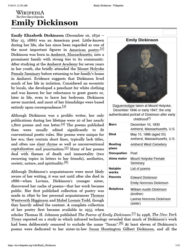 Emily Dickinson - Wikipedia | PDF | Emily Dickinson