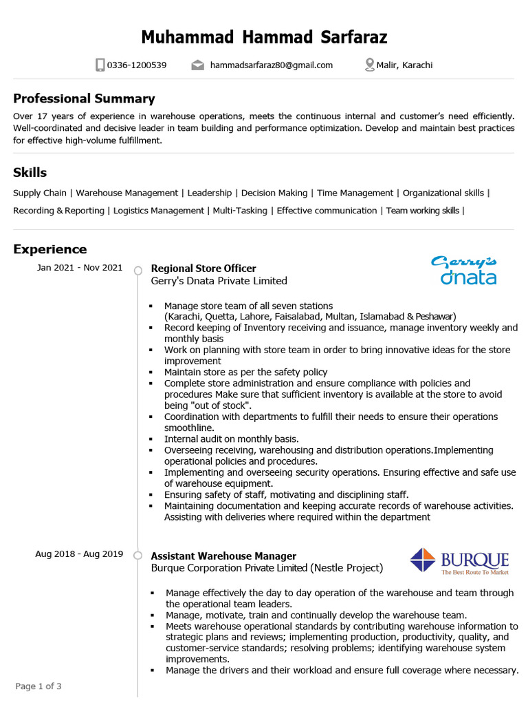 M Hammad Resume-1-1 | PDF | Warehouse | Inventory