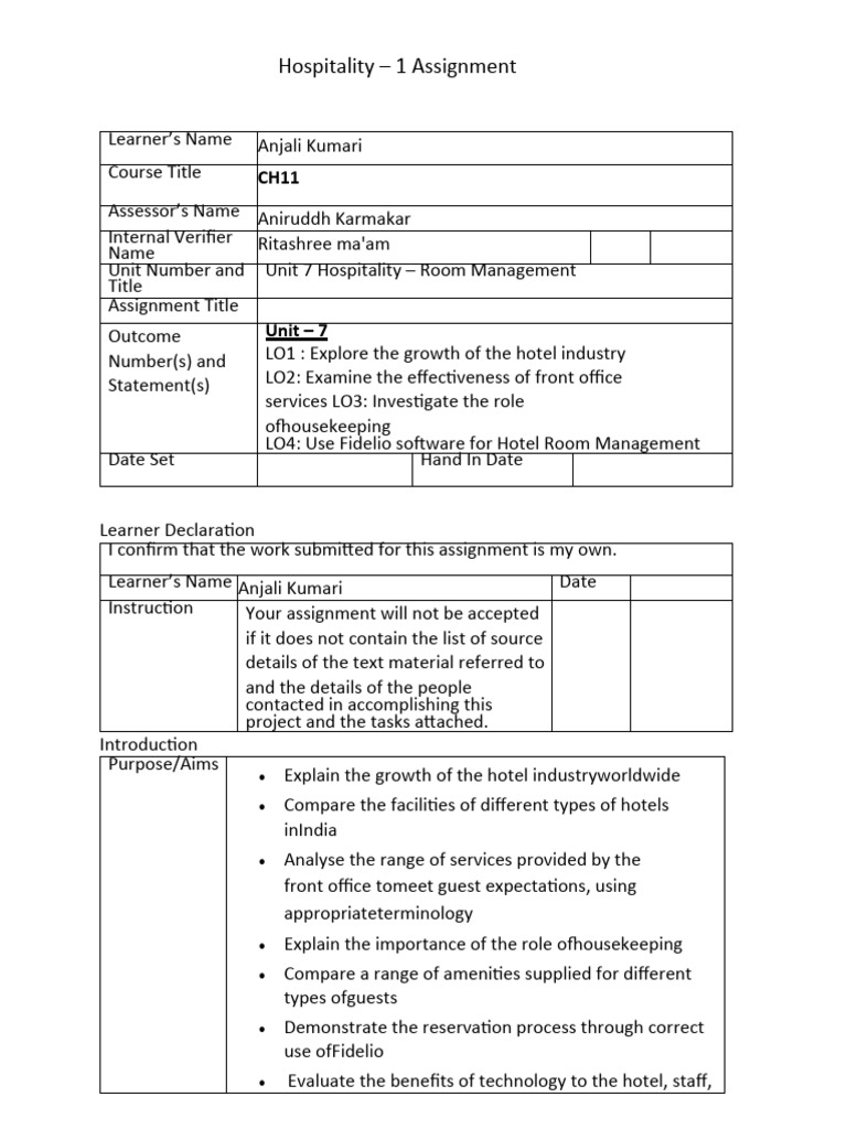 Hospitality Room Management Assignment | PDF | Hospitality Industry | Hotel