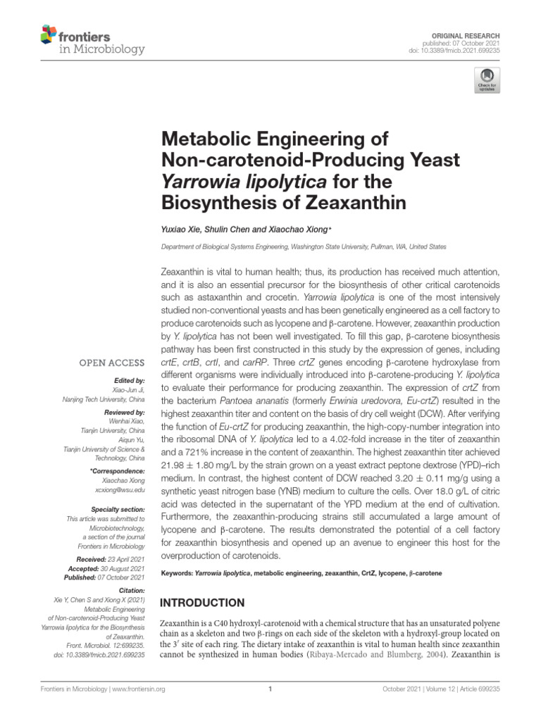 2021 XIE Metabolic Engineering Y Lipolytica Synthesis ZEAXANTHIN | Download Free PDF ...