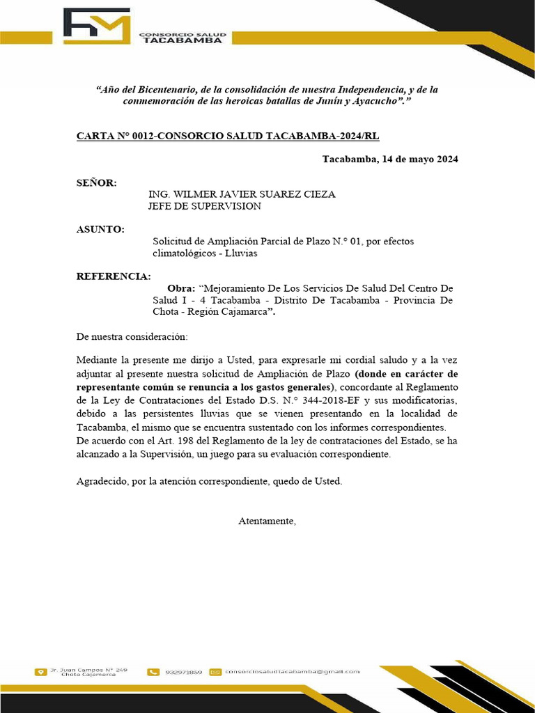 CARTA N° 12 Carta de entrega de Ampl Plazo | PDF