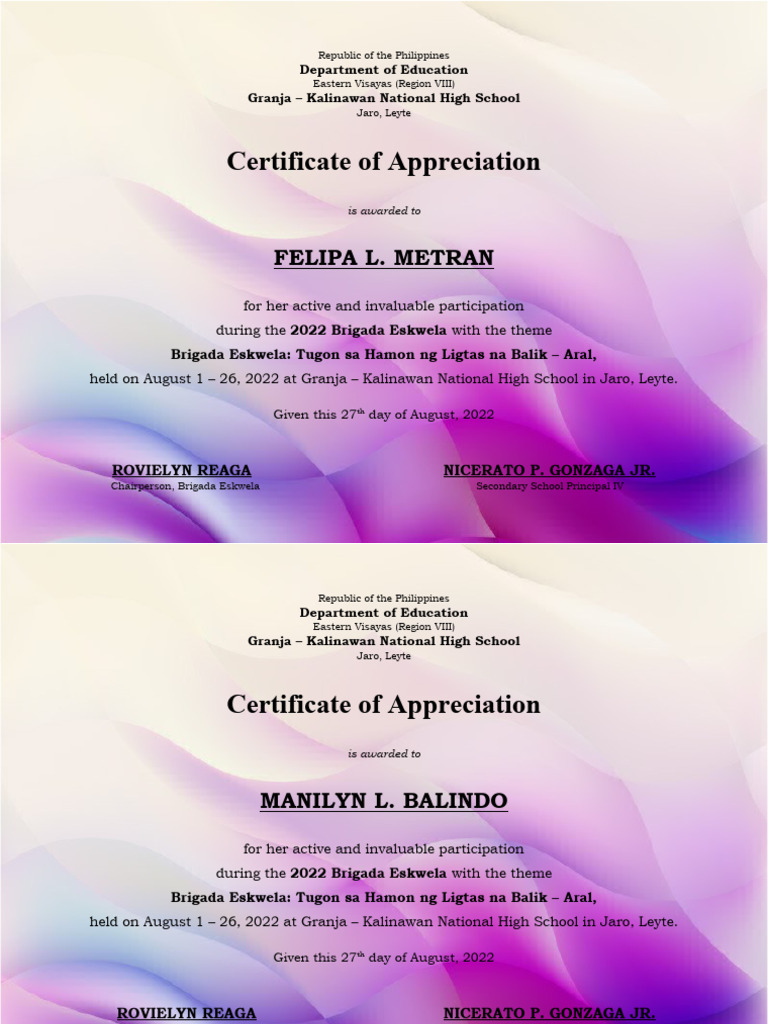 Brigada-Eskwela-Certificate | PDF | Philippines