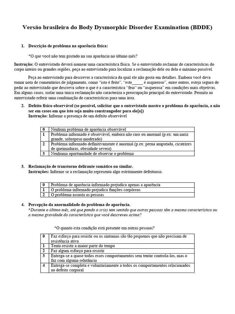 Versão Brasileira Do Body Dysmorphic Disorder Examination | Download grátis PDF | Cirurgia ...