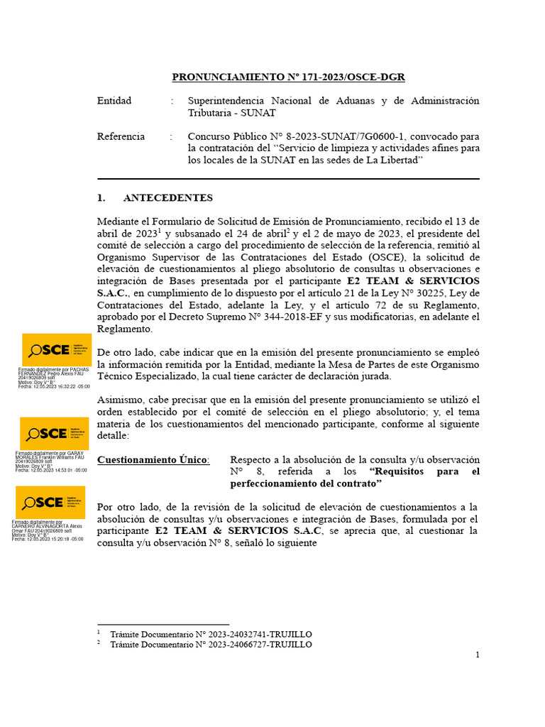 Pronunciamiento #171-2023-OSCE-DGR | PDF | Perú | Regulación