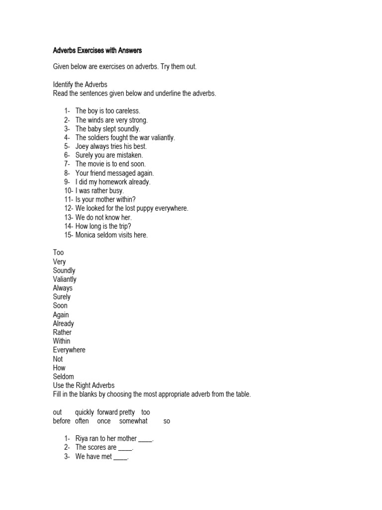 Adverb Exercises with Answers | PDF | Language Arts & Discipline
