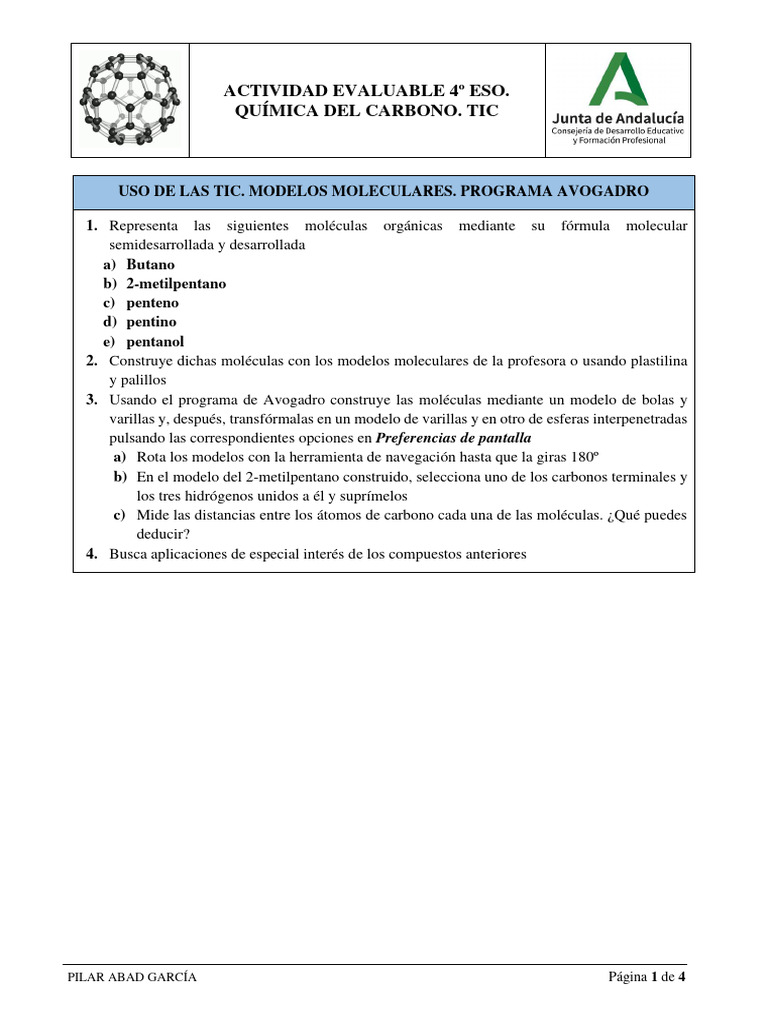 Actividad Tic. Modelos Moleculares. Programa Avogadro | PDF | Moléculas | Enlace químico