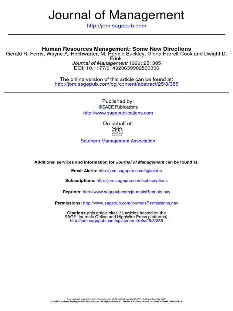 Journal of Management: Human Resources Management: Some New Directions ...