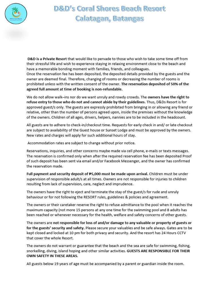 DDs Beach Resort Policy | PDF