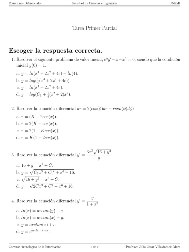 Tarea 1 de Ecuaciones Diferenciales | PDF | Ecuaciones diferenciales | Ecuaciones