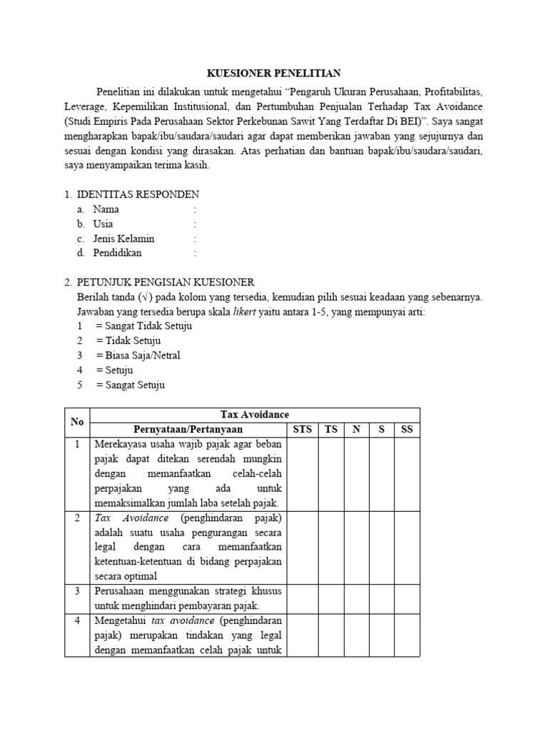 Kuesioner Penelitian Skripsi | PDF