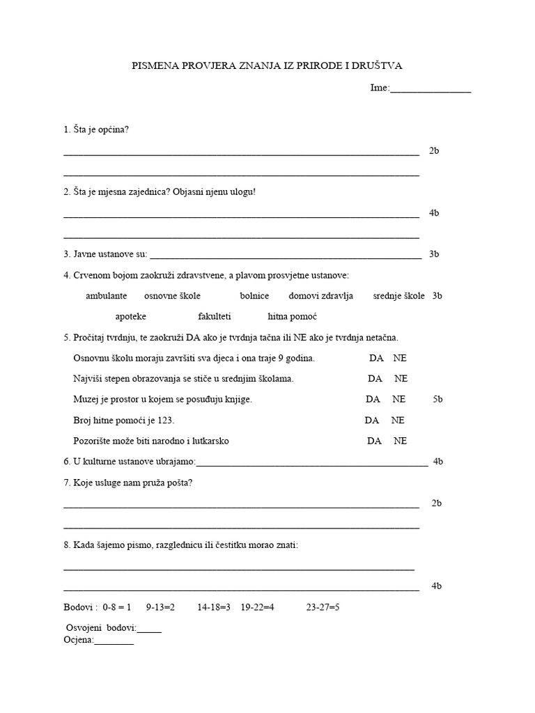Pismena Provjera Znanja Iz Prirode I Društva | PDF
