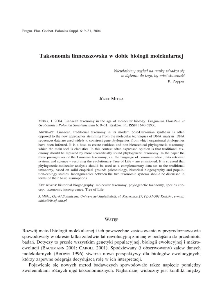 Taksonomia Linneuszowska J Mitka | PDF