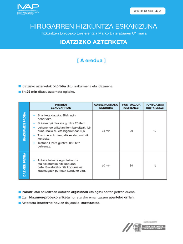 Hirugarren Hizkuntza Eskakizuna: Idatzizko Azterketa | PDF