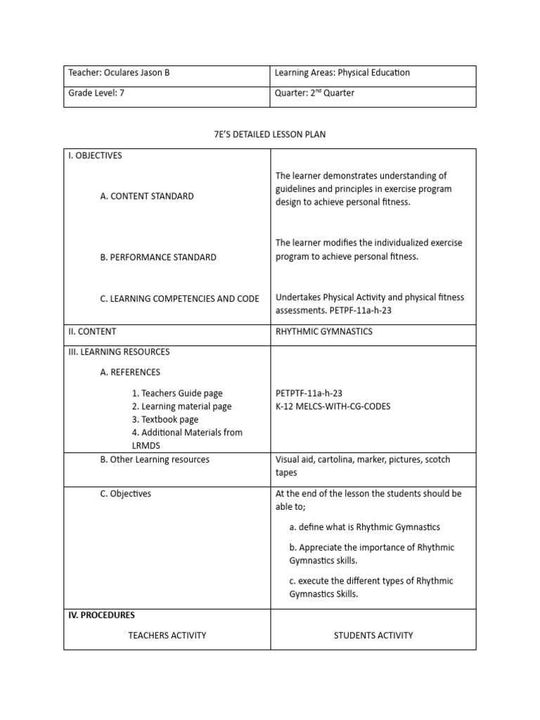 7es Detailed Lesson Plan | Download Free PDF | Gymnastics | Lesson Plan