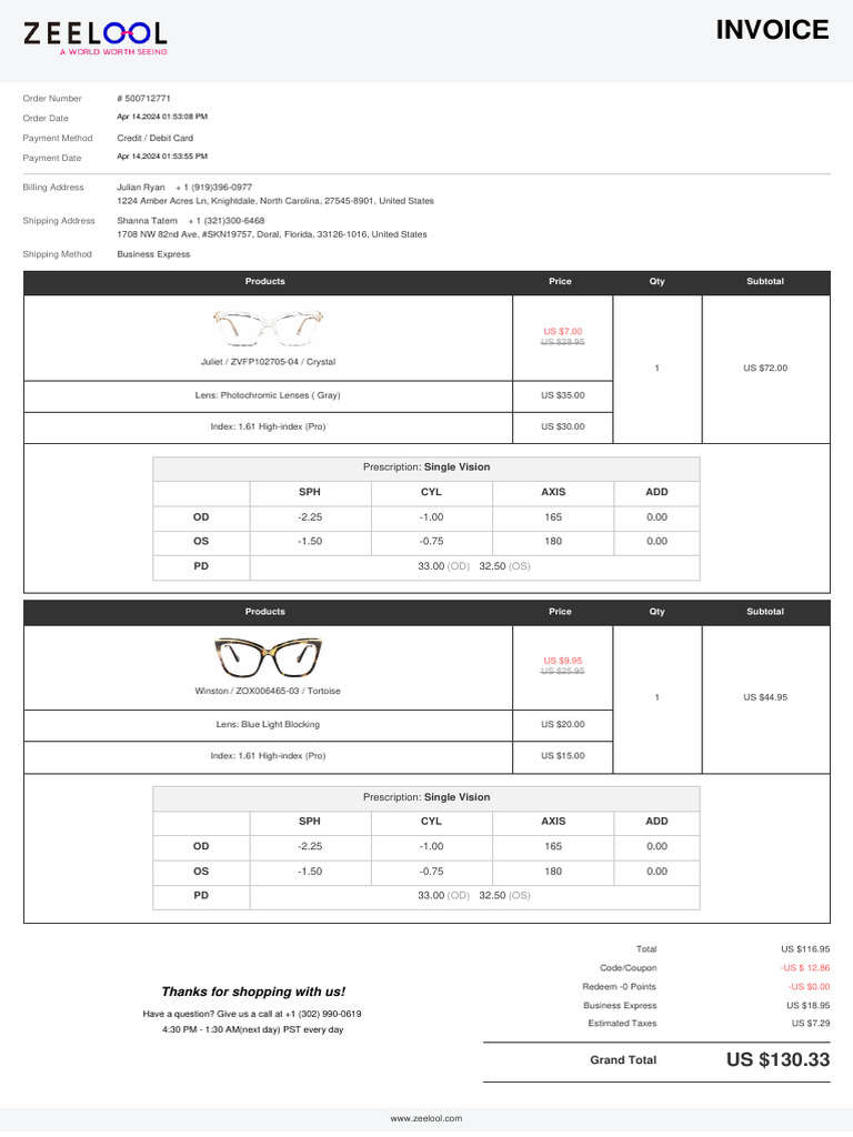 Invoice Summary for Order #500712771 | PDF | Optics | Payments