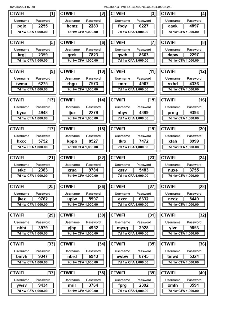 Voucher CTWIFI 1 SEMAINE Up 624 05.02.24 | PDF | Data Management | Control (Social And Political)
