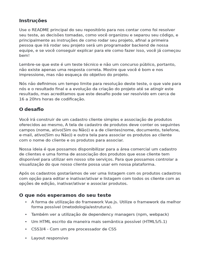 Teste Frontend VueJs | PDF | Informática | Engenharia de Software Teste Frontend VueJs | PDF | Informática | Engenharia de Software