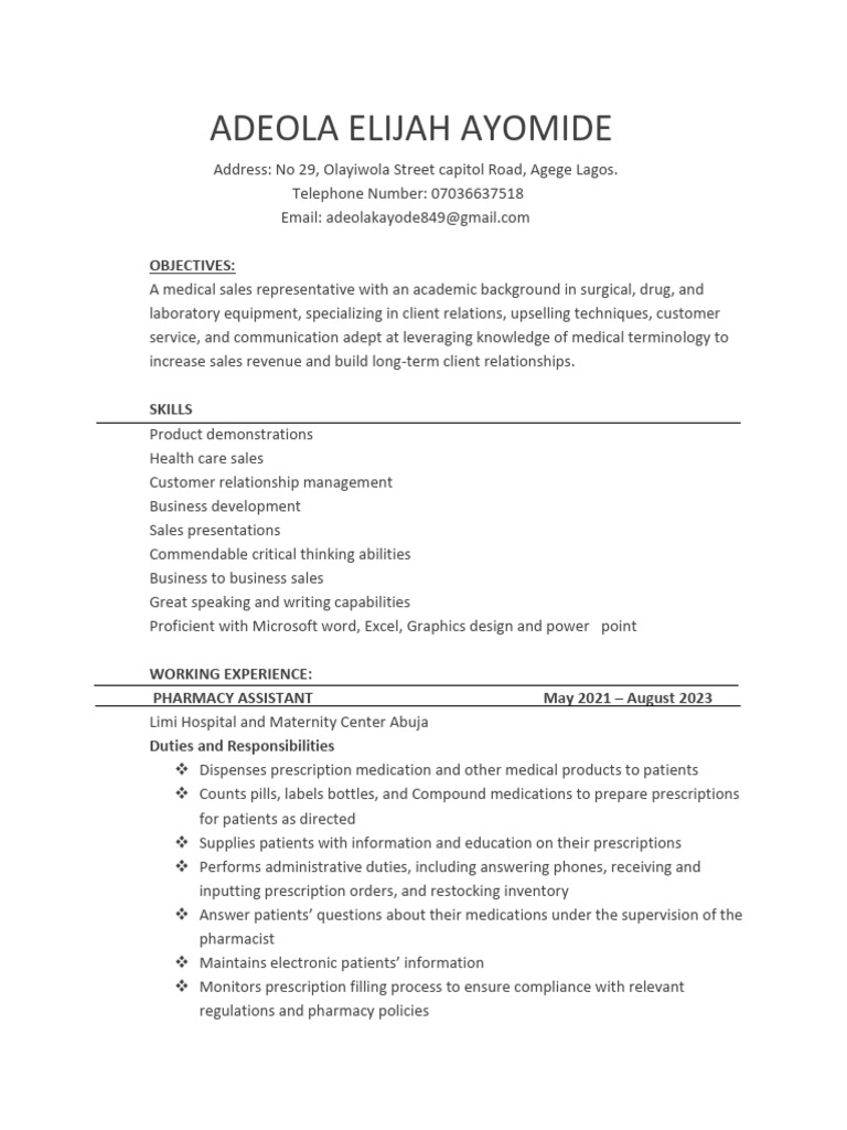 Medical Sales Rep Resume & Experience | PDF | Medical Prescription | Pharmacy